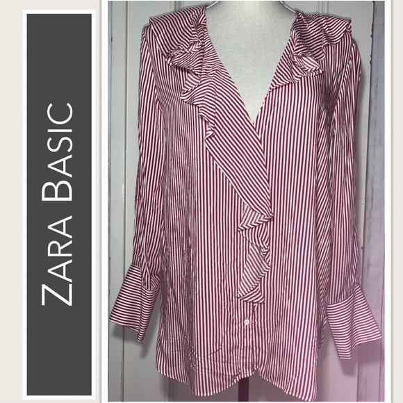 Zara | Tops | Zara Basic Blouse Red White Striped Ruffled Neckline Hem ...